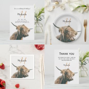 Highland cow portrait custom name initial monogram paper plates | Zazzle