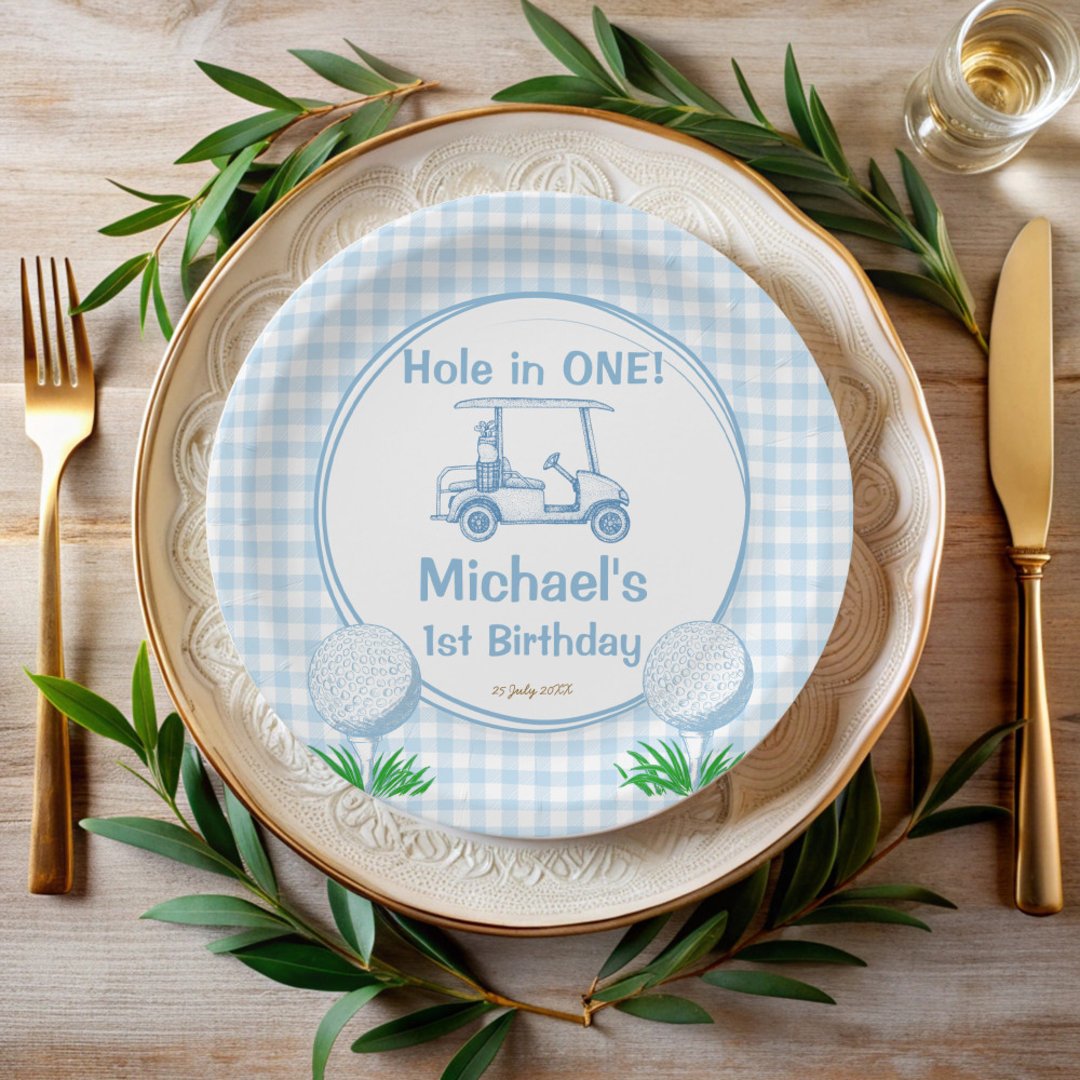 Hole in one blue gingham golf 1st birthday party invitation | Zazzle