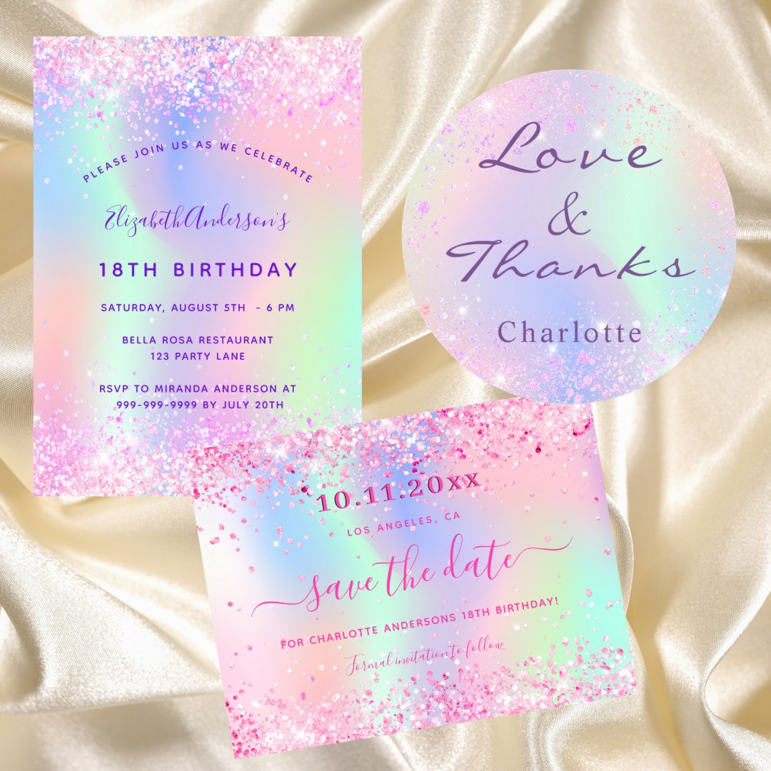 Pink purple holographic birthday party invitation | Zazzle