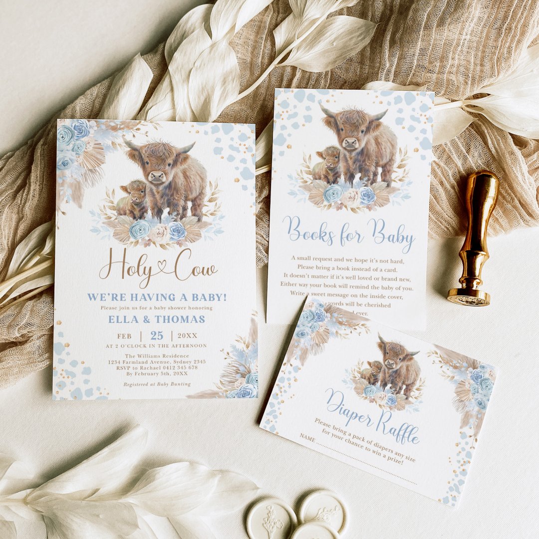 Blue Holy Cow Boho Pampas Boy Baby Shower Invitation | Zazzle