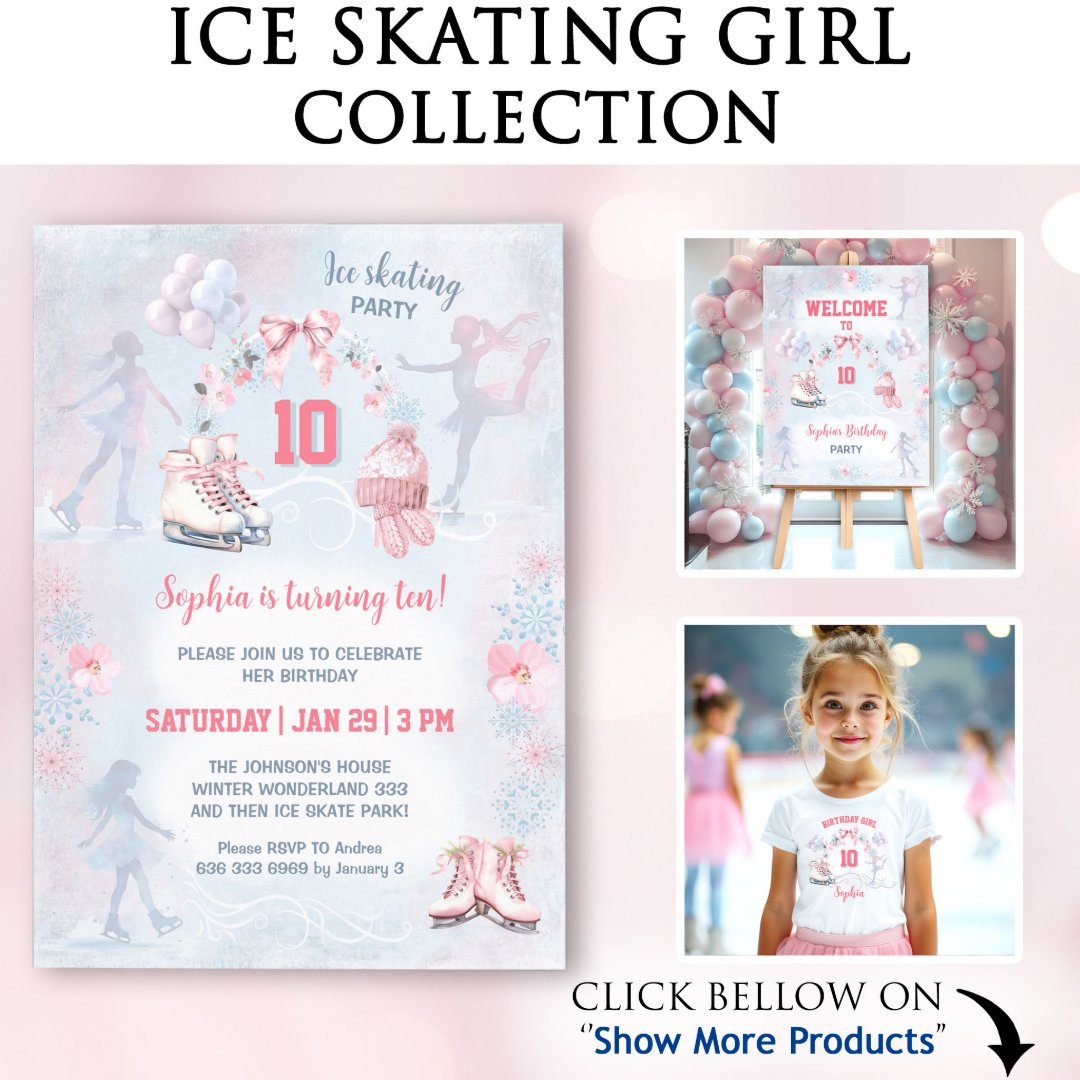 Ice Skating Party Winter Pink Blue Girl Birthday Invitation | Zazzle