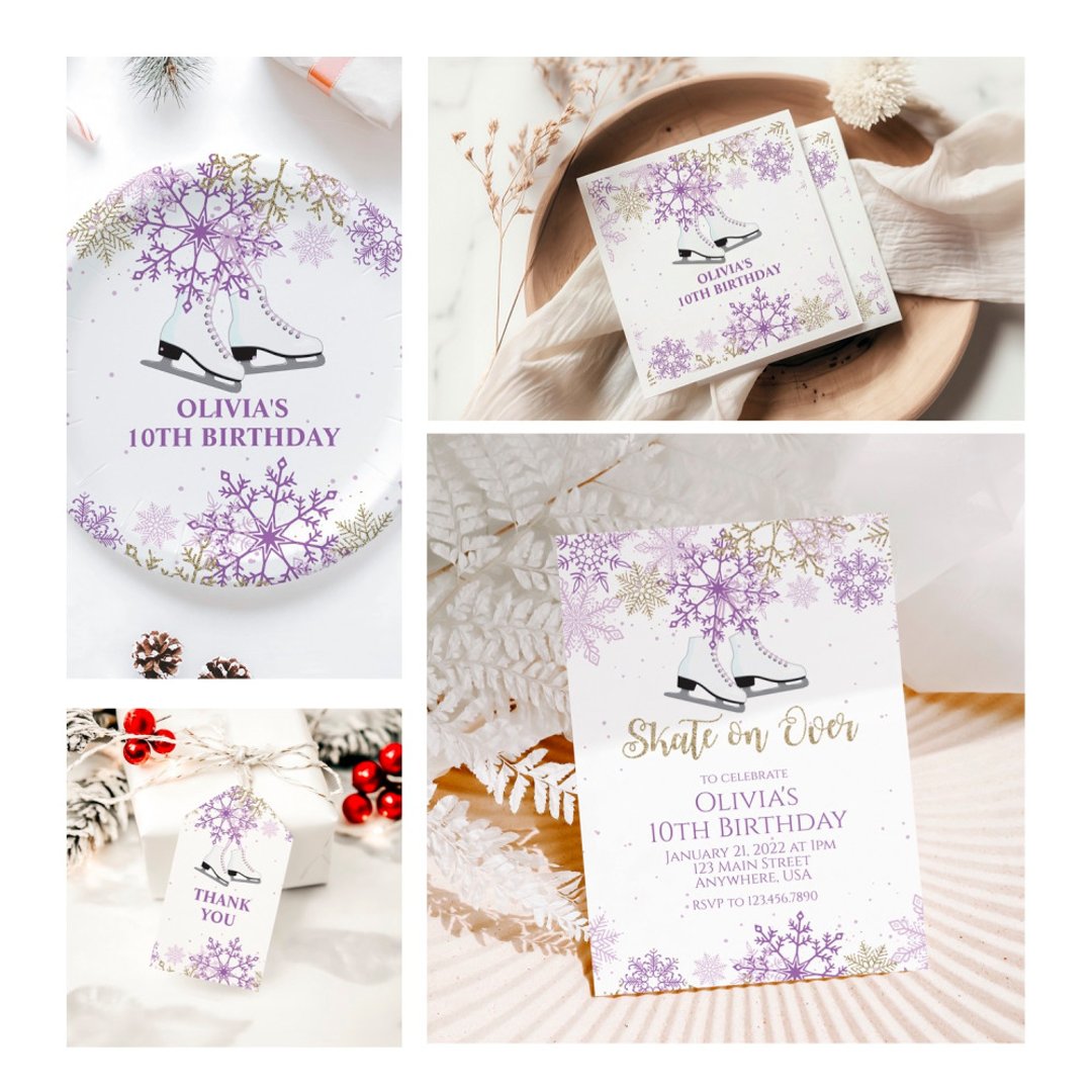 Ice Skating Purple and Gold Snowflakes Birthday Invitation | Zazzle