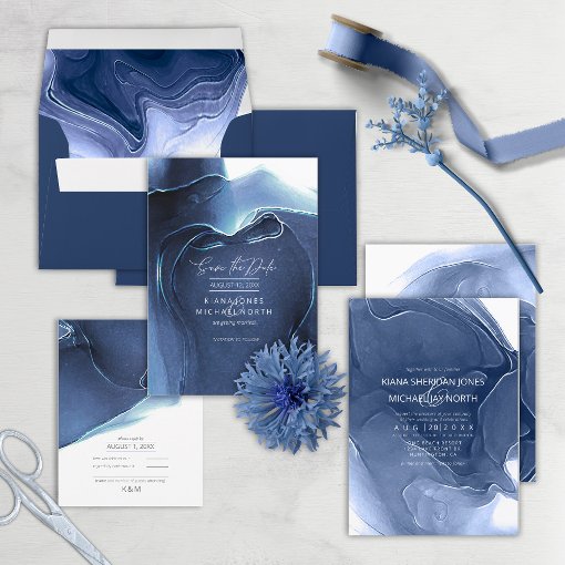 Ink Flow Wedding Blue ID762 Invitation | Zazzle
