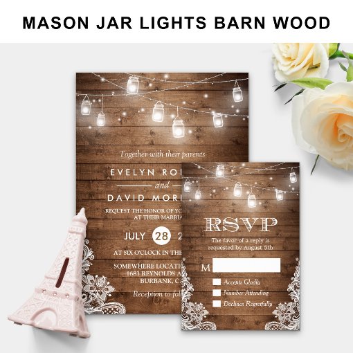 Rustic Wood Mason Jars String Lights Lace Wedding Invitation | Zazzle