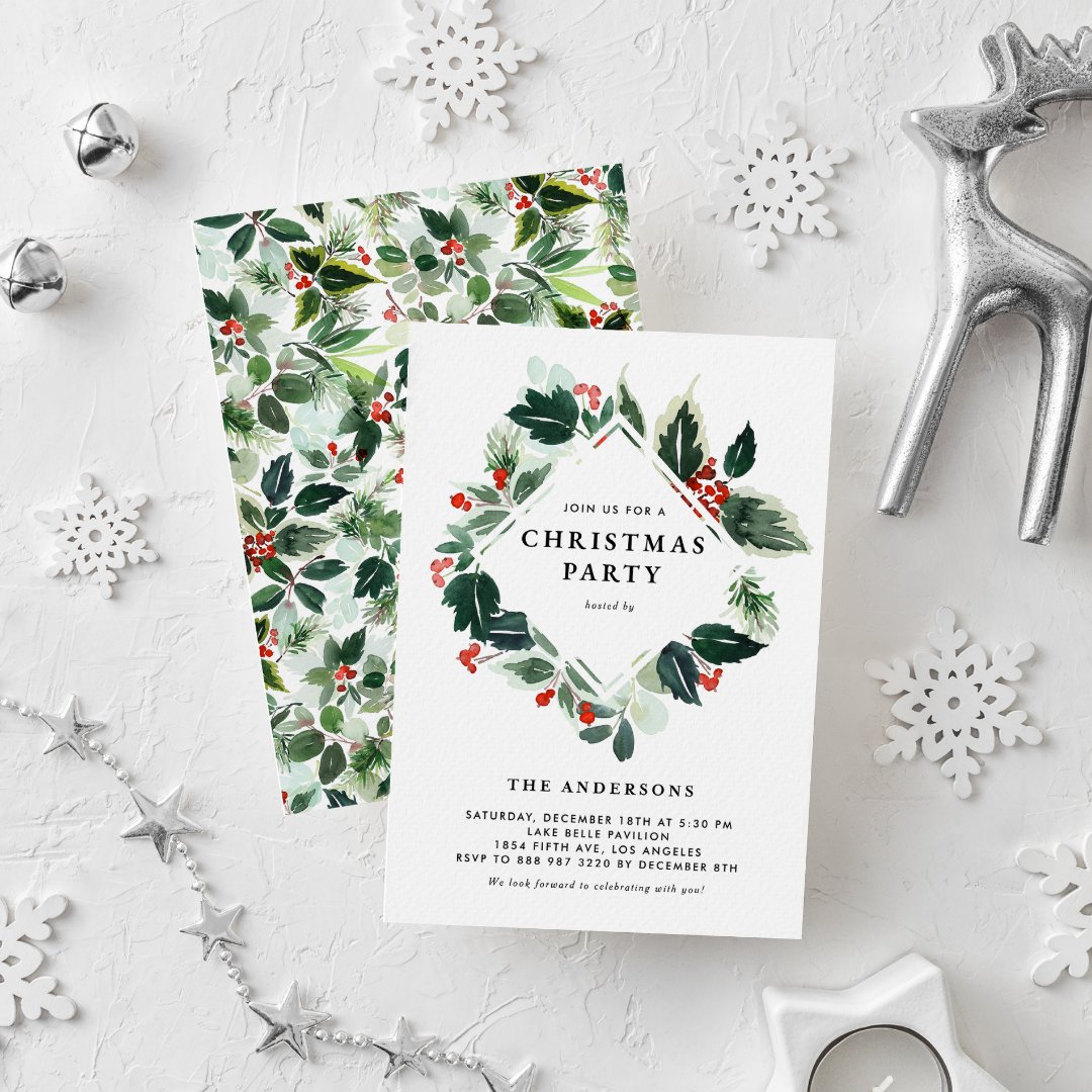 Watercolor Holly Greenery Holiday Party Invitation | Zazzle