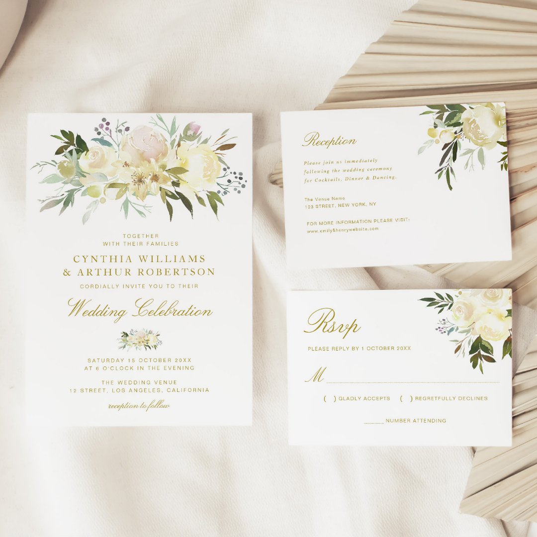 elegant watercolor ivory floral wedding invitation | Zazzle