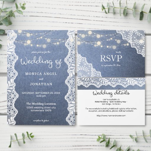 Jean Lace & String Lights Wedding Foil Invitation | Zazzle