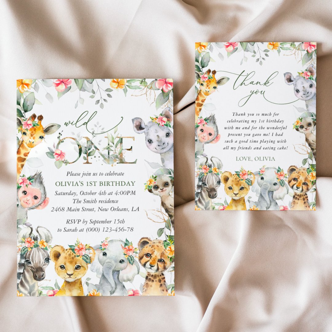 Jungle Animals, Safari, Flowers, First Birthday Invitation | Zazzle