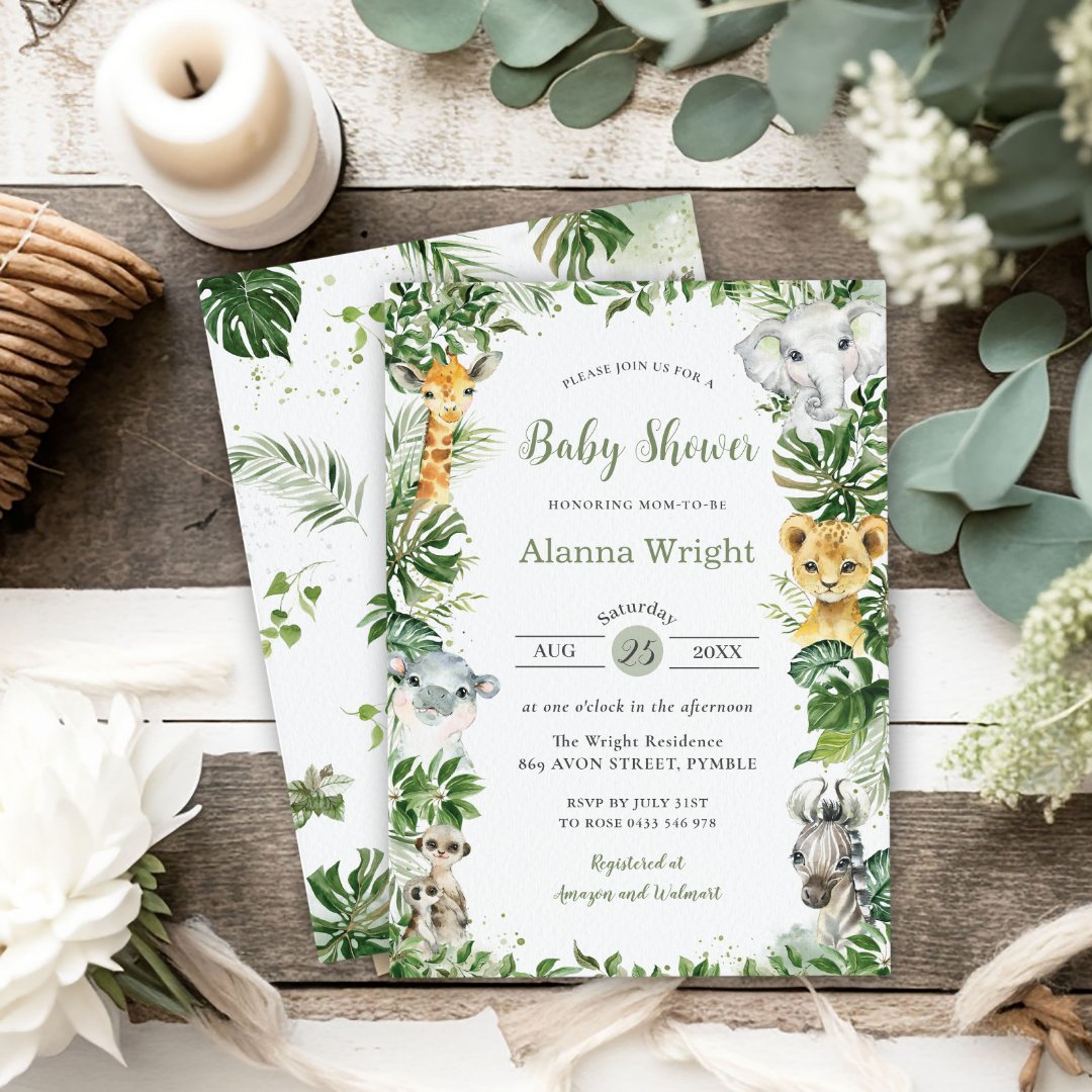 Greenery Jungle Safari Animals Boy Baby Shower Invitation | Zazzle