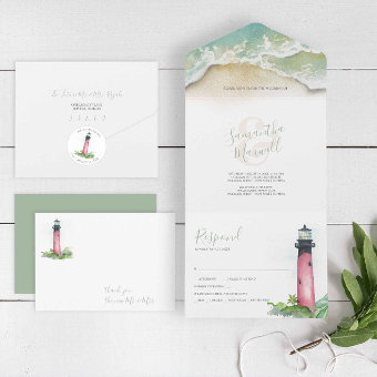Coastal Lighthouse Watercolor Wedding Invitation | Zazzle
