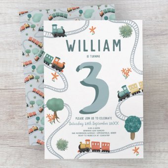 Boys Cute Modern Blue Train Travel Kids Birthday Invitation | Zazzle