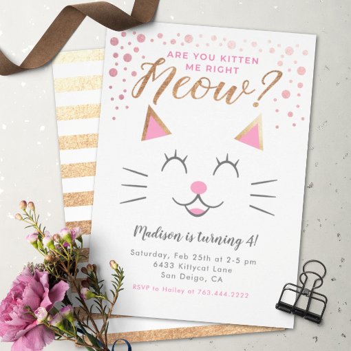 Kitty Cat Pink Gold Birthday Party Invitation | Zazzle