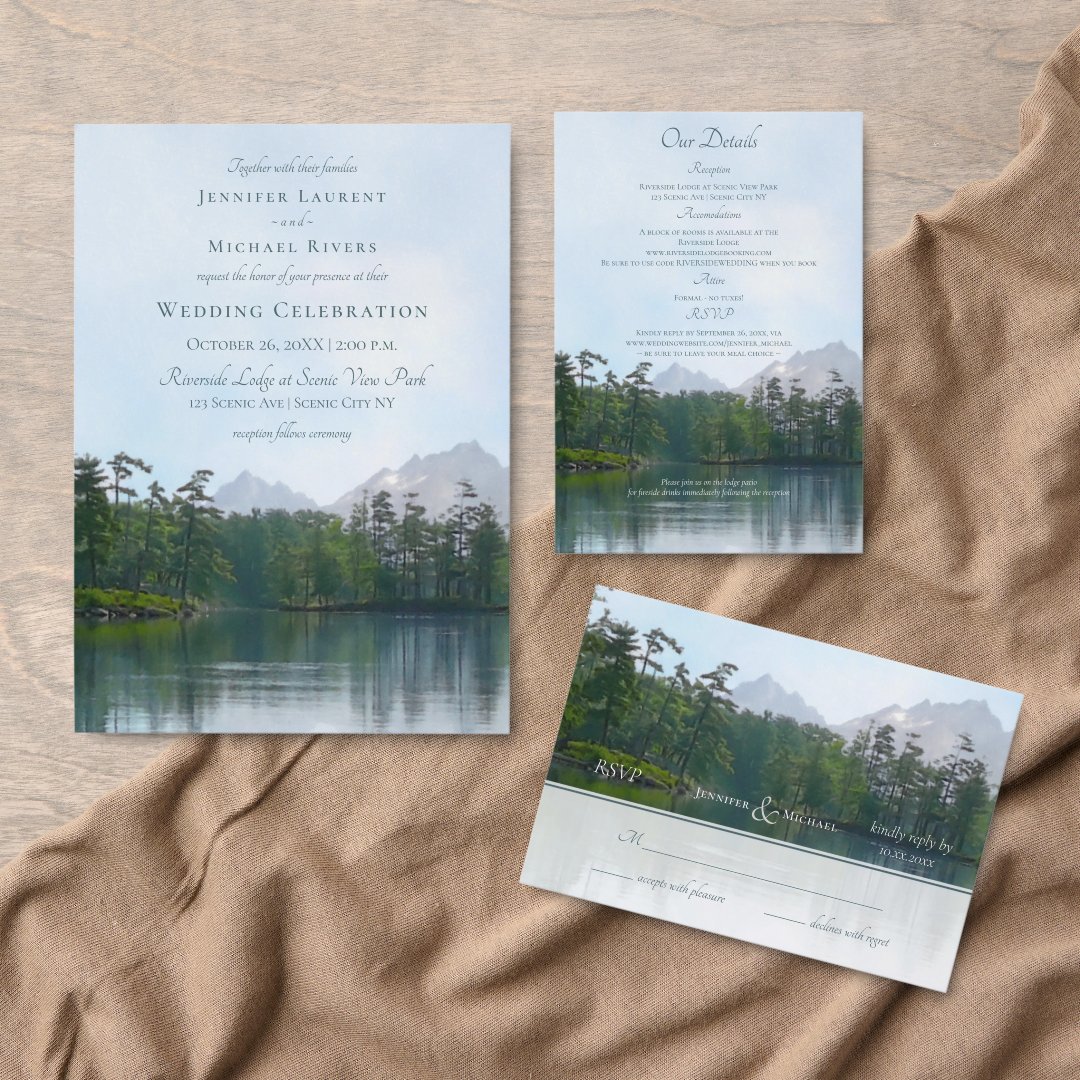 Lake in the mountains rustic wedding invitation | Zazzle