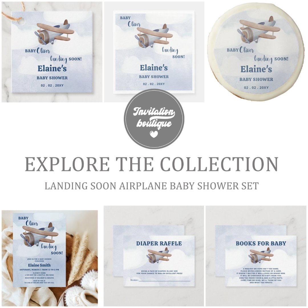 Landing Soon Blue Boy Airplane Baby Shower Invitation | Zazzle