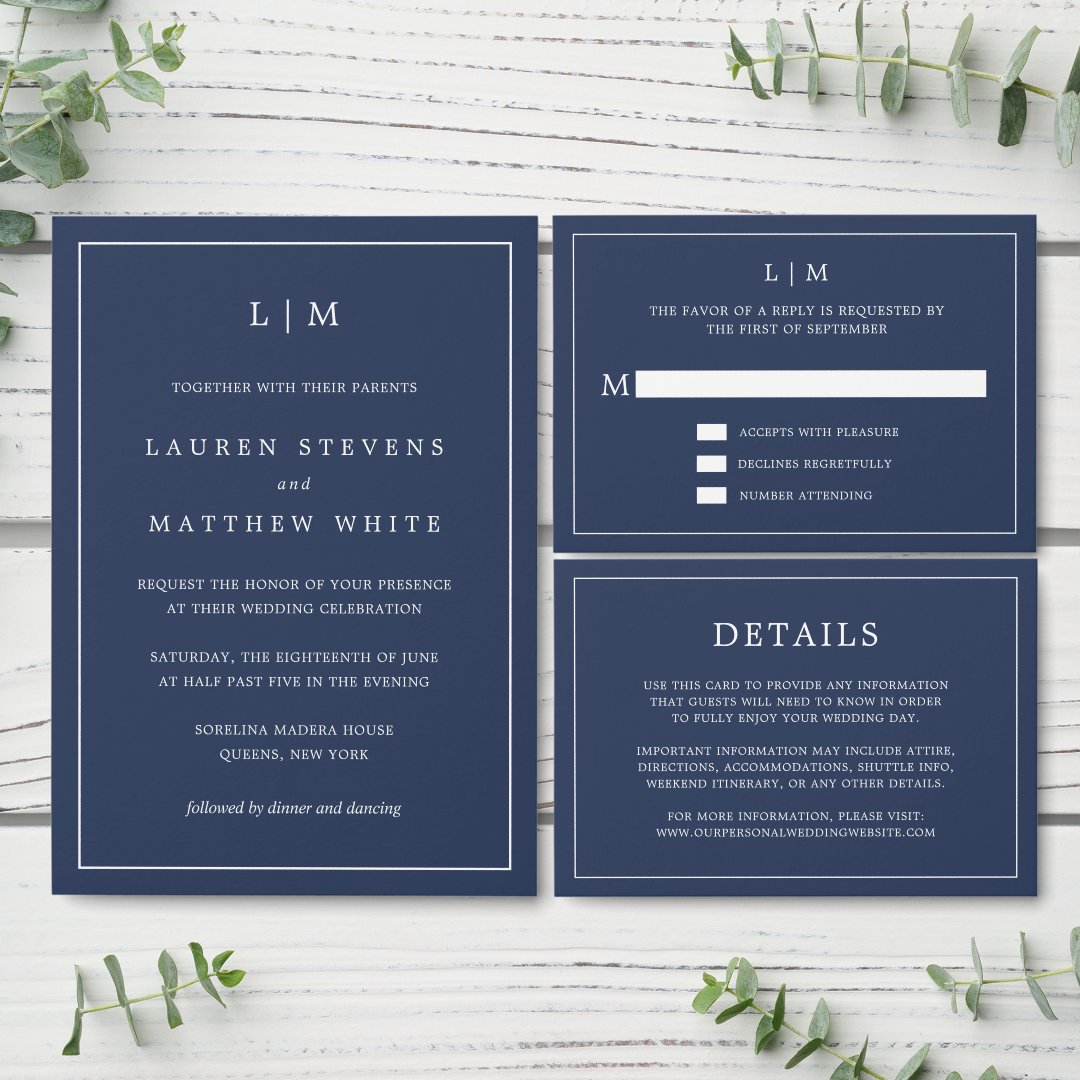 Lauren Navy Blue Monogram Elegant Wedding Foil Invitation | Zazzle