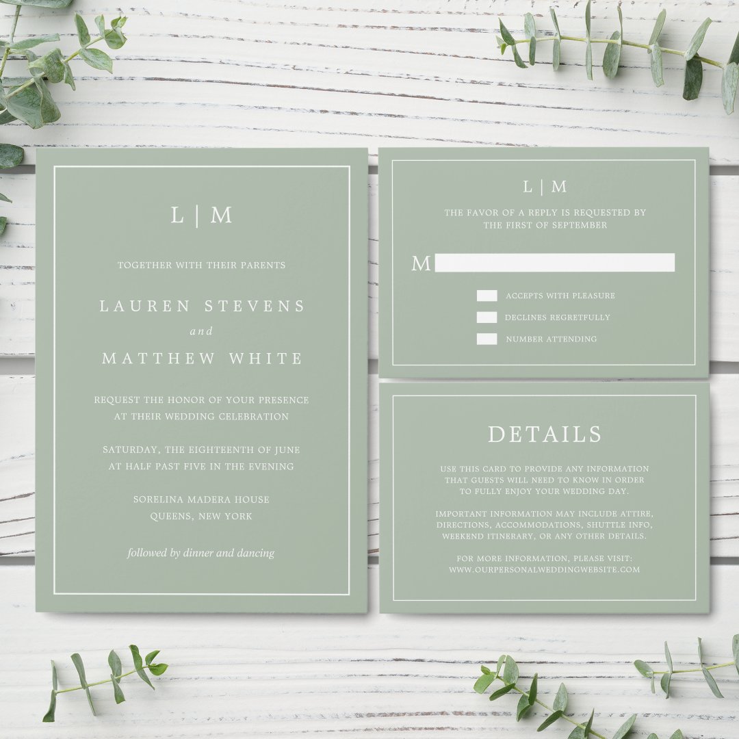 Lauren Sage Green Monogram Elegant Wedding Note Card | Zazzle