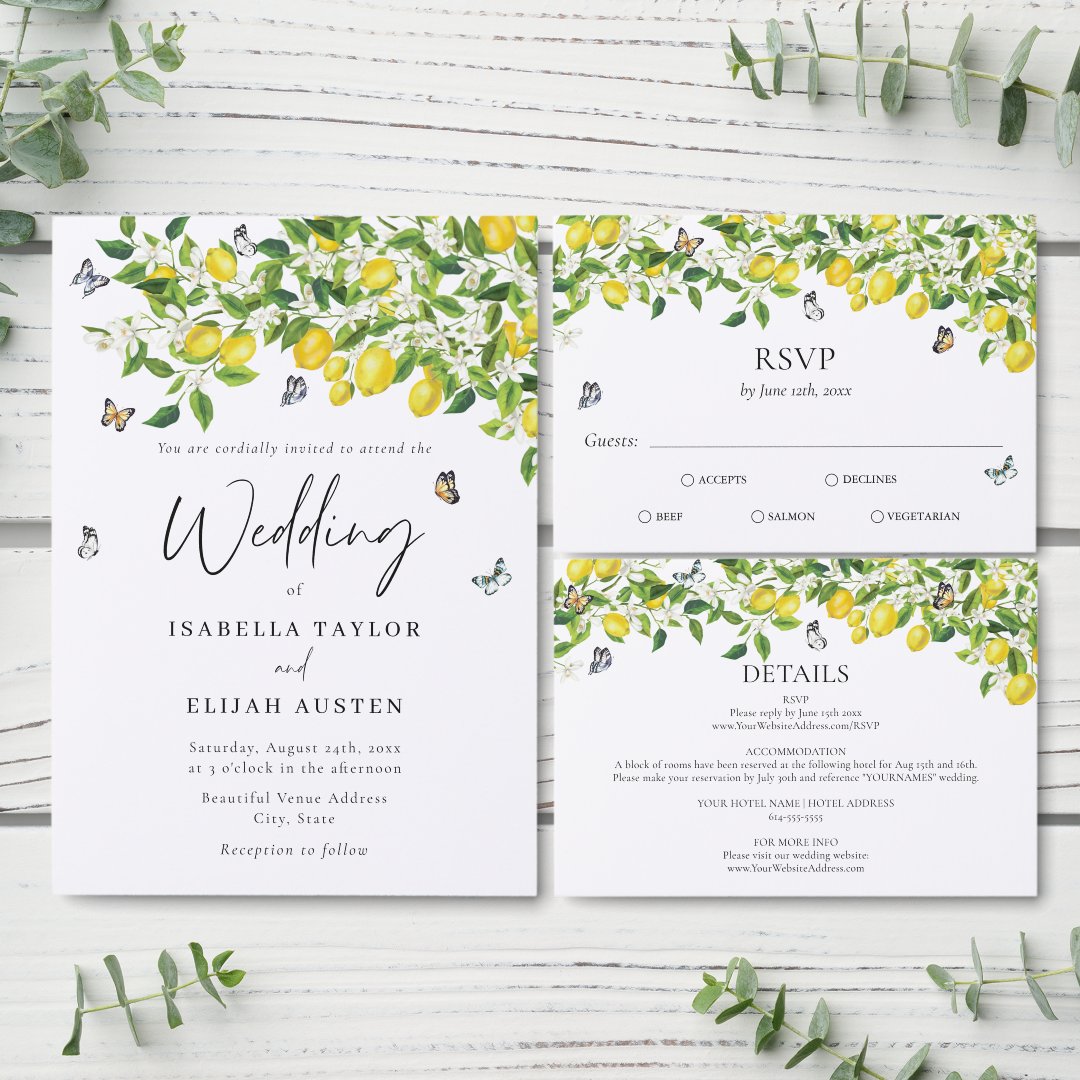 Elegant Botanical Lemon Wedding Invitation | Zazzle