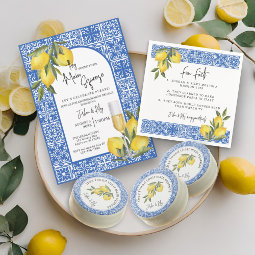 Lemons & Blue Mediterranean Tile Engagement Party Paper Plates | Zazzle