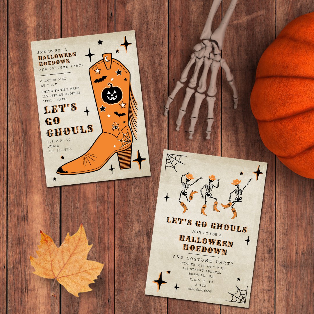 Let's Go Ghouls Skeleton Boots Halloween Party Invitation | Zazzle