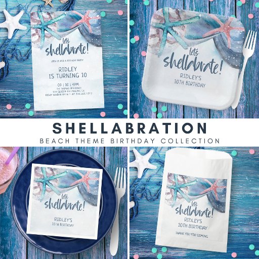 Shellabration | Beach Starfish Seashells Birthday Invitation | Zazzle