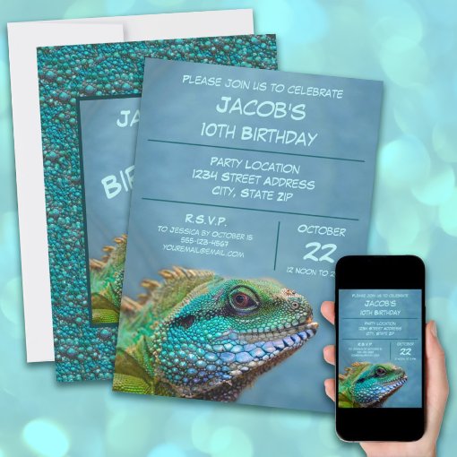 Colorful Iguana 10th Birthday Party Celebration Invitation | Zazzle