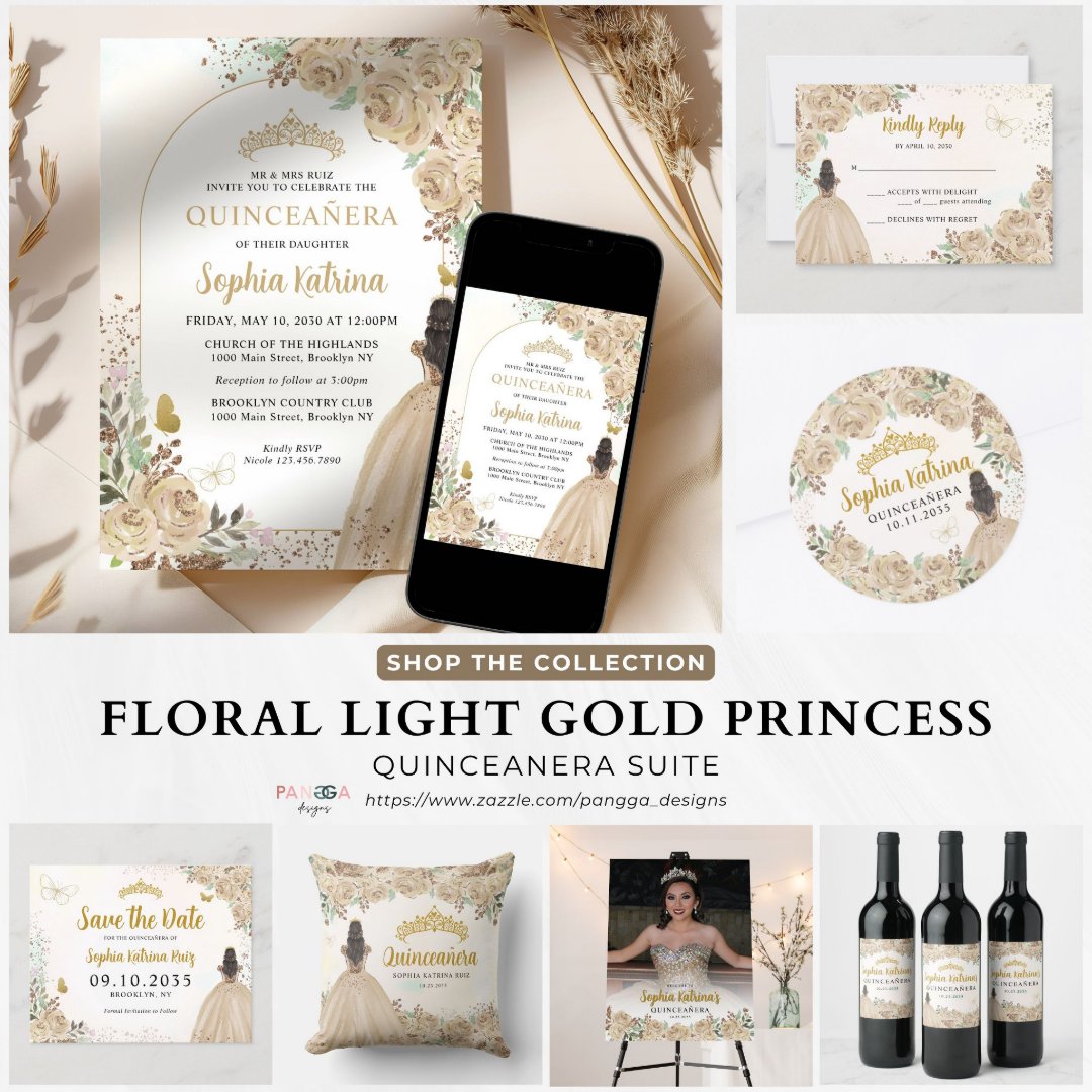 Floral Light Gold Princess Birthday Quinceanera Invitation | Zazzle