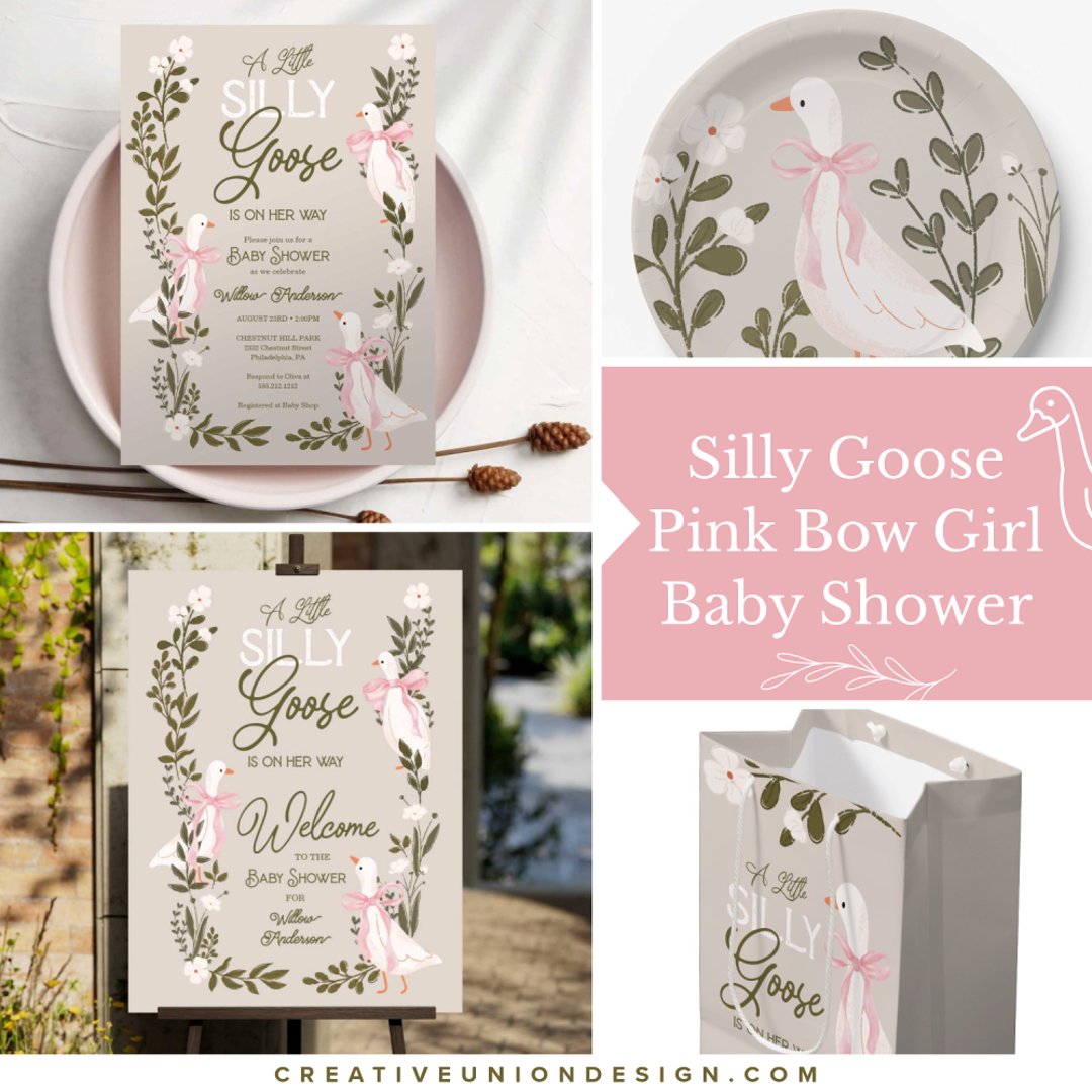 Silly Goose Pink Bow Girl Baby Shower Thank You Invitation | Zazzle