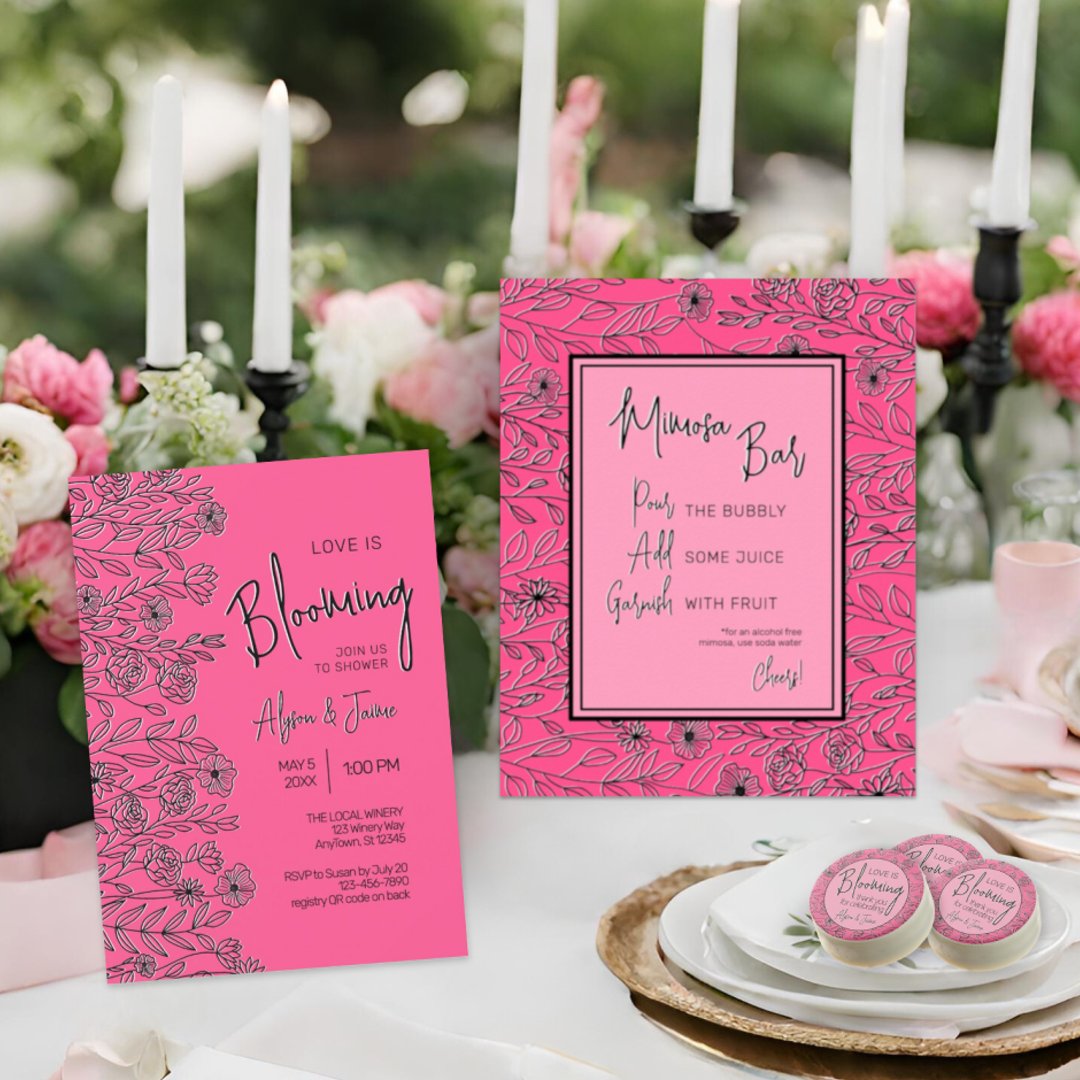 Love is blooming pink & black floral bridal shower square sticker | Zazzle