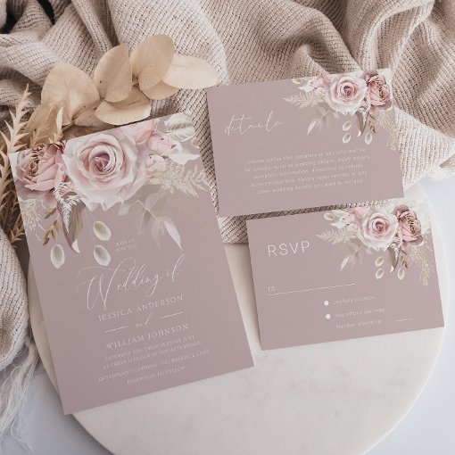 Modern Boho Dusty Rose Blush Floral Wedding Invitation | Zazzle