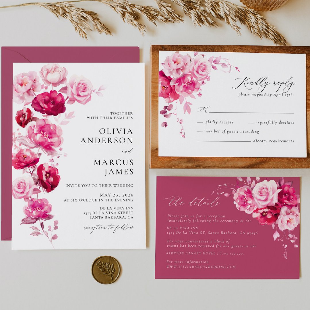 Boho Magenta Hot Pink Arch Floral Elegant Wedding Invitation | Zazzle