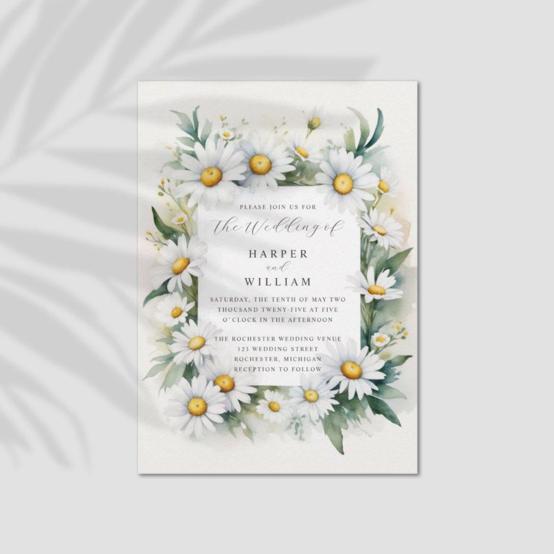 Watercolor daisies off-centered wedding invitation | Zazzle