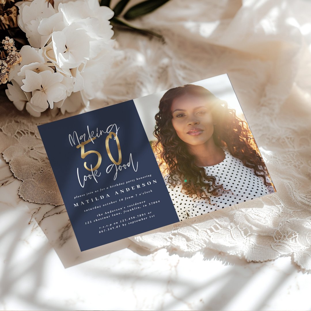 Making 50 look good age birthday blue gold flask | Zazzle