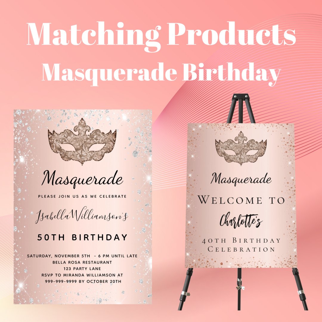 Masquerade rose gold glitter dust birthday invitation | Zazzle