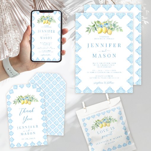 Mediterranean Blue Tiles Lemon Wedding Invitation | Zazzle