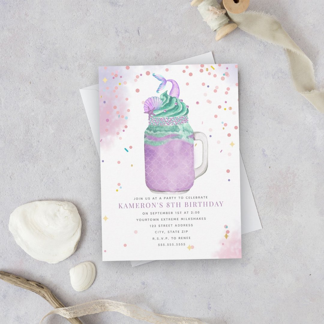 Mermaid Mason Jar Milkshake Pink Birthday Party Invitation | Zazzle