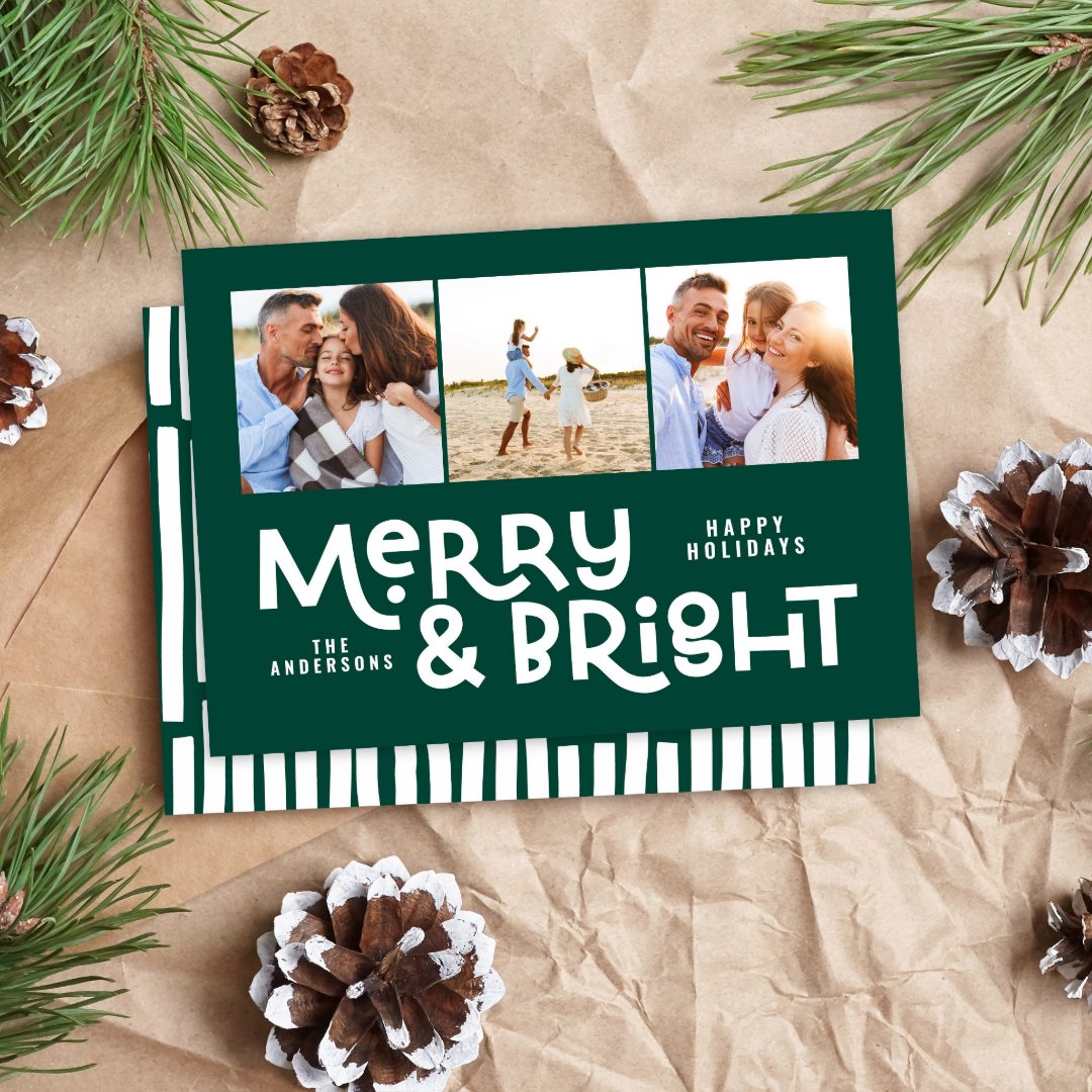 Modern minimal typography 3 photo Christmas fun Holiday Card | Zazzle