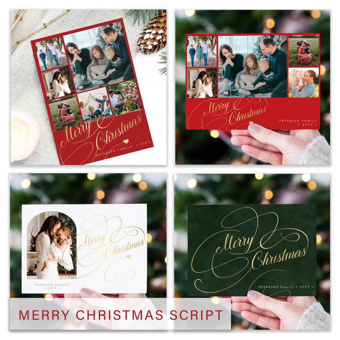 Photo personalized Merry Christmas script gold Foil Holiday Card | Zazzle