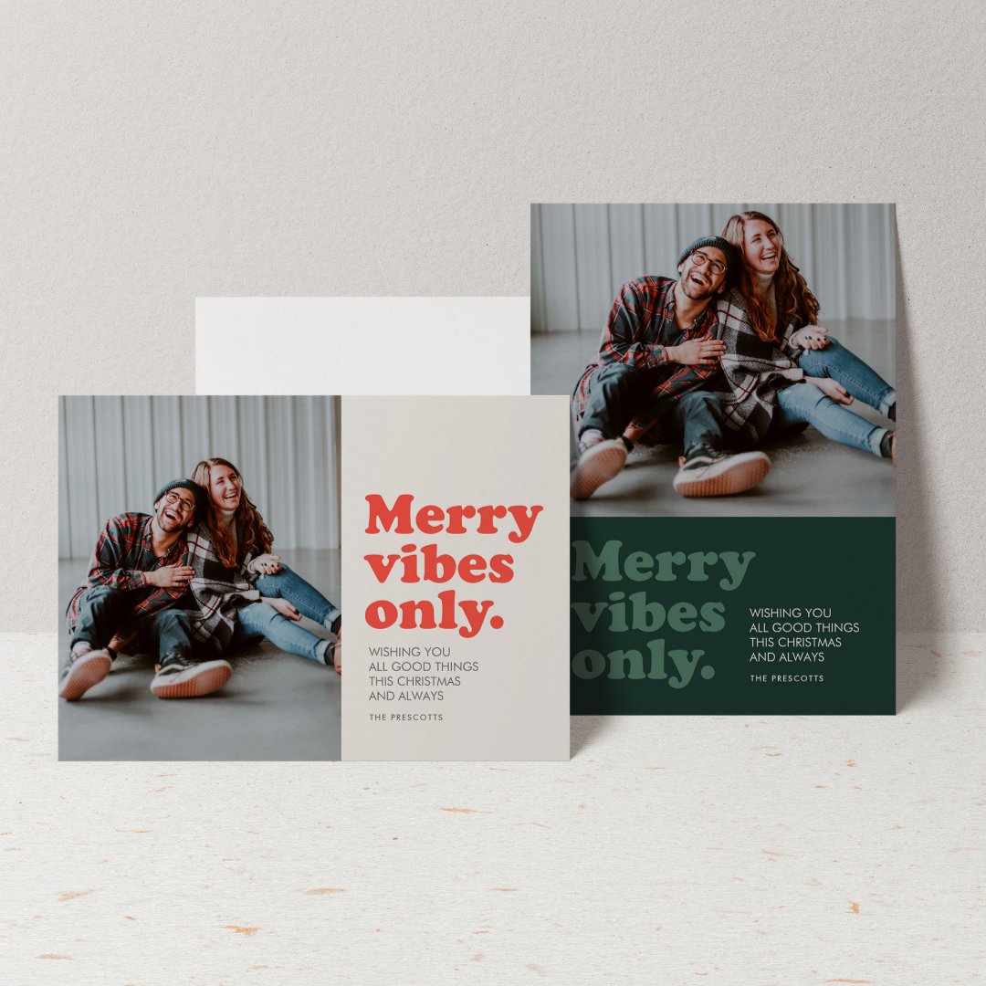 Merry vibes retro fun hot pink photo Christmas Holiday Card | Zazzle