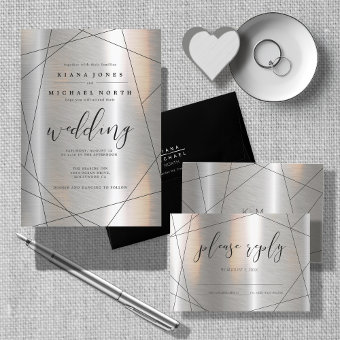 Metallic Geometric Wedding Silver/Black ID648 Invitation | Zazzle