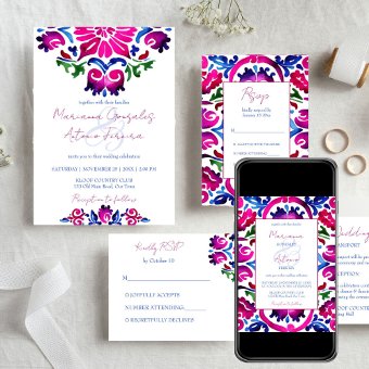 Pink blue Mexican Talavera tiles wedding details Enclosure Card | Zazzle
