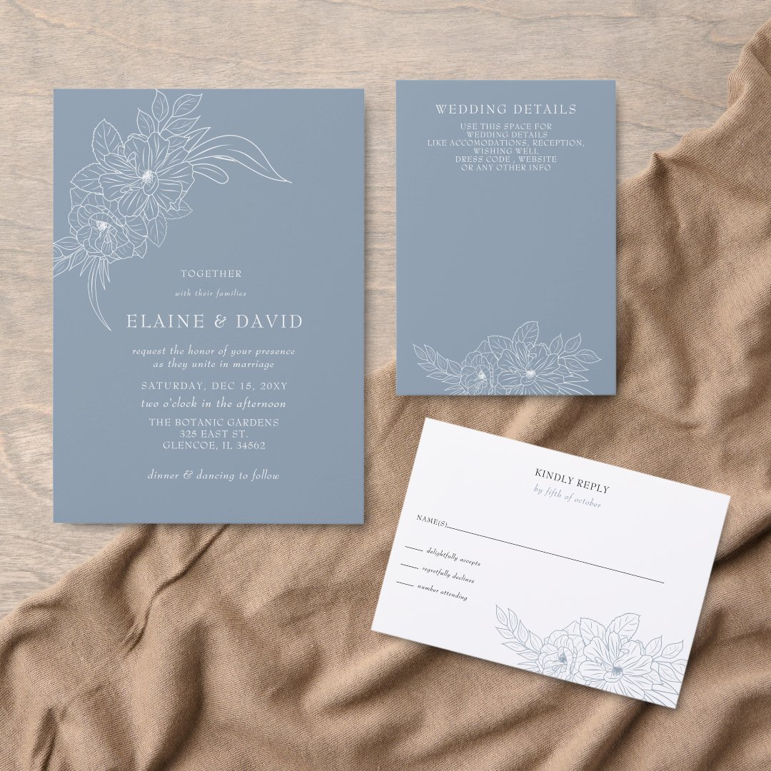 Dusty Blue Minimal Elegant Floral Sketch Wedding Invitation | Zazzle