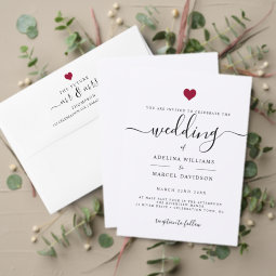 Modern Minimal Calligraphy Red Heart Wedding Invitation | Zazzle