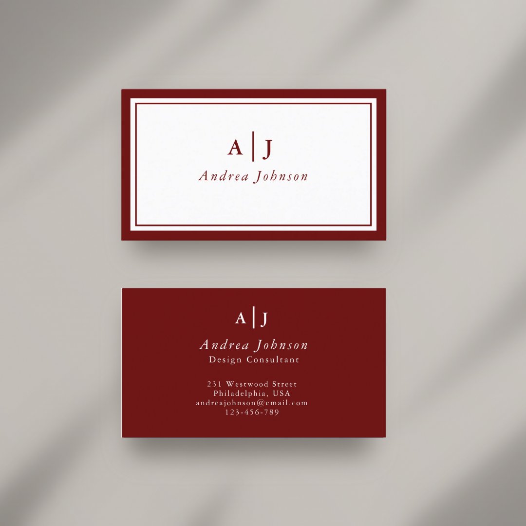 Minimalist Maroon Red Two Border Monogram Business Card | Zazzle