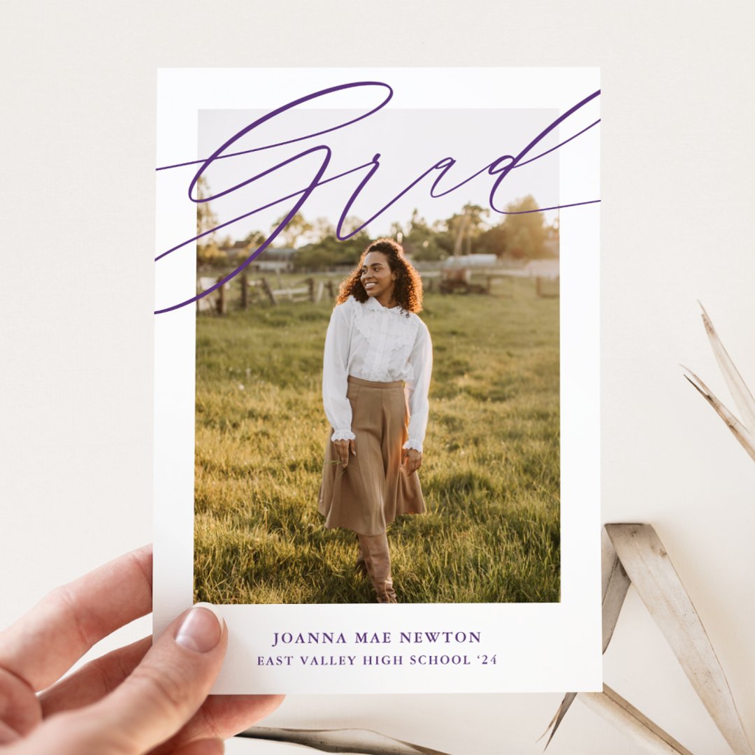 Simple Script Blue Photo Graduation Announcement | Zazzle