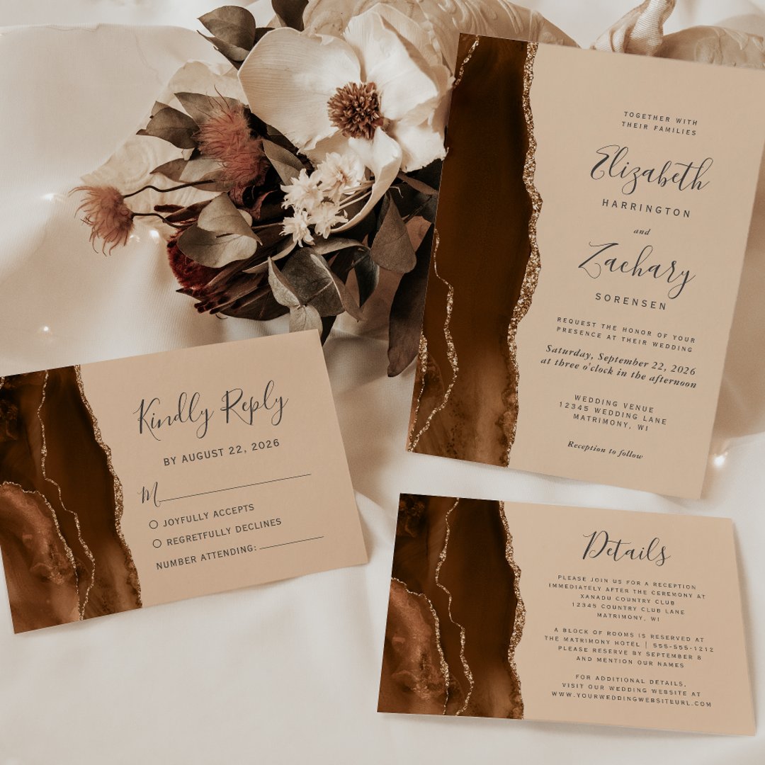 Modern Mocha Brown Gold Agate Tan Wedding All In One Invitation | Zazzle