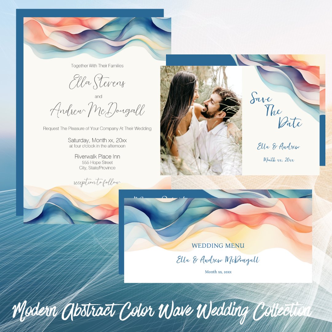 Modern Abstract Color Wave Blue Wedding Invitation | Zazzle