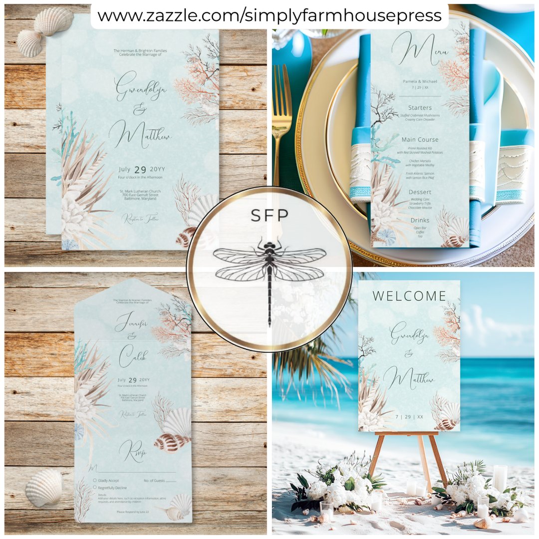 Modern Aqua Ocean Shells Wedding Invitation | Zazzle