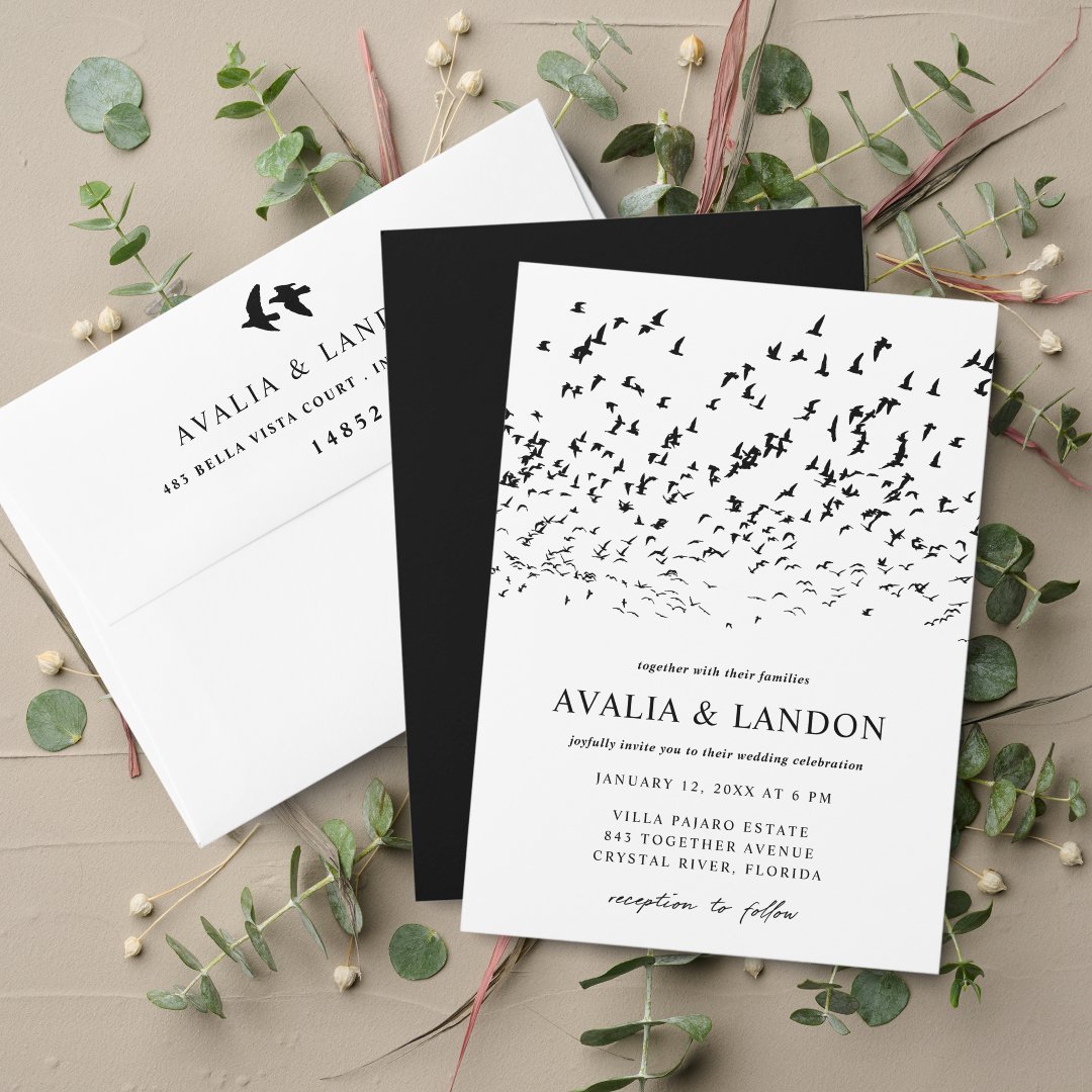 Modern Birds of a Feather Black and White Wedding Invitation | Zazzle