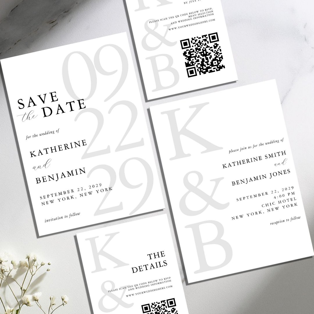 Modern Black and White Monogram Minimalist Wedding Invitation | Zazzle