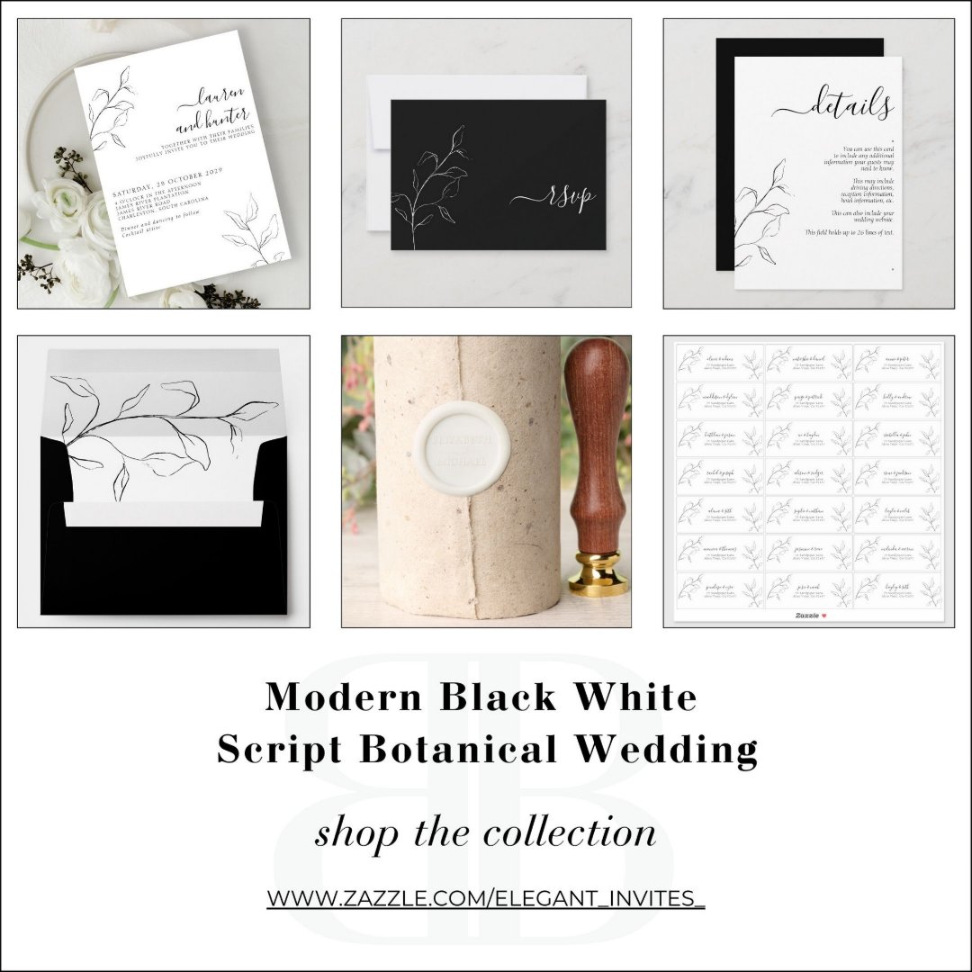 Modern Black White Script Botanical Wedding Invitation | Zazzle